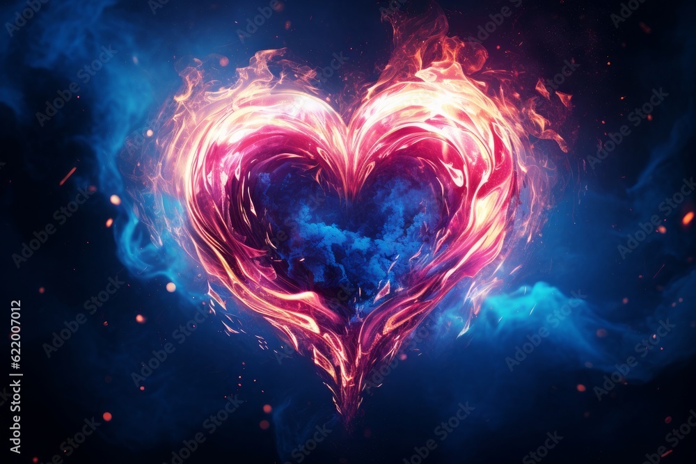 Fiery embrace: A pink heart engulfed in vibrant blue flames, capturing ...