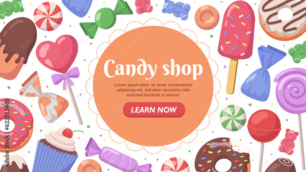 Candy shop banner with sweets Stock Vector | Adobe Stock