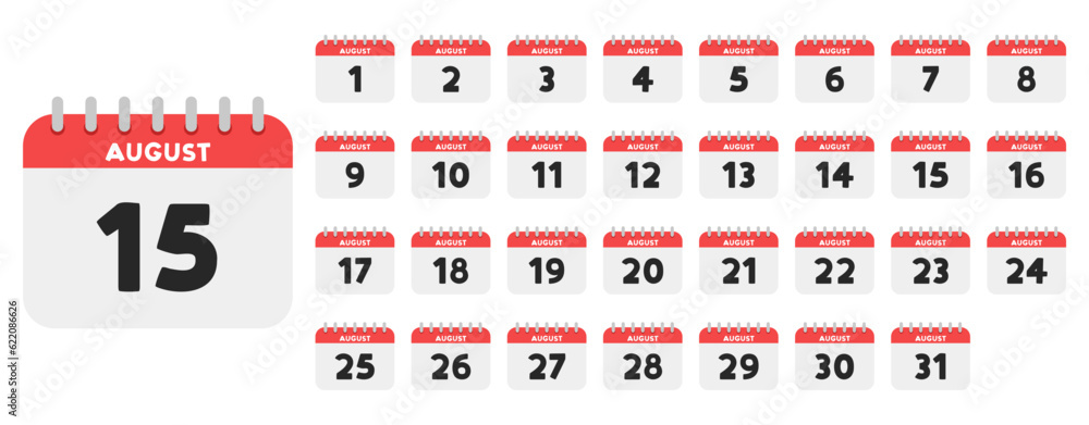 August calendar. Day month callendar. Red vector daily calendar ...