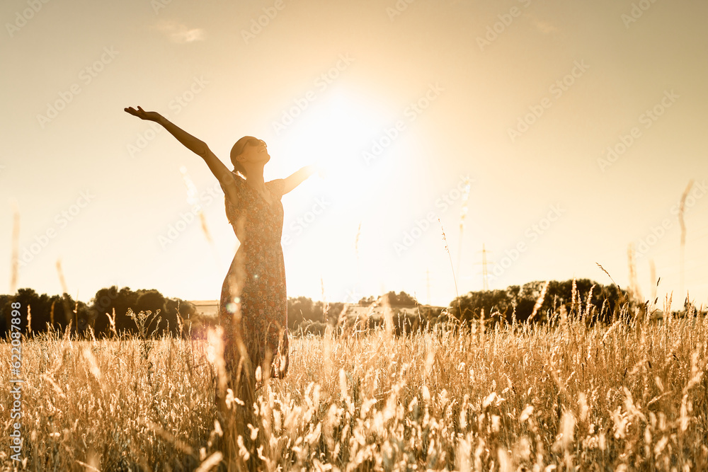 Joyful Person Raising Arms morning in Rural Field Under Summer Sunlight ...