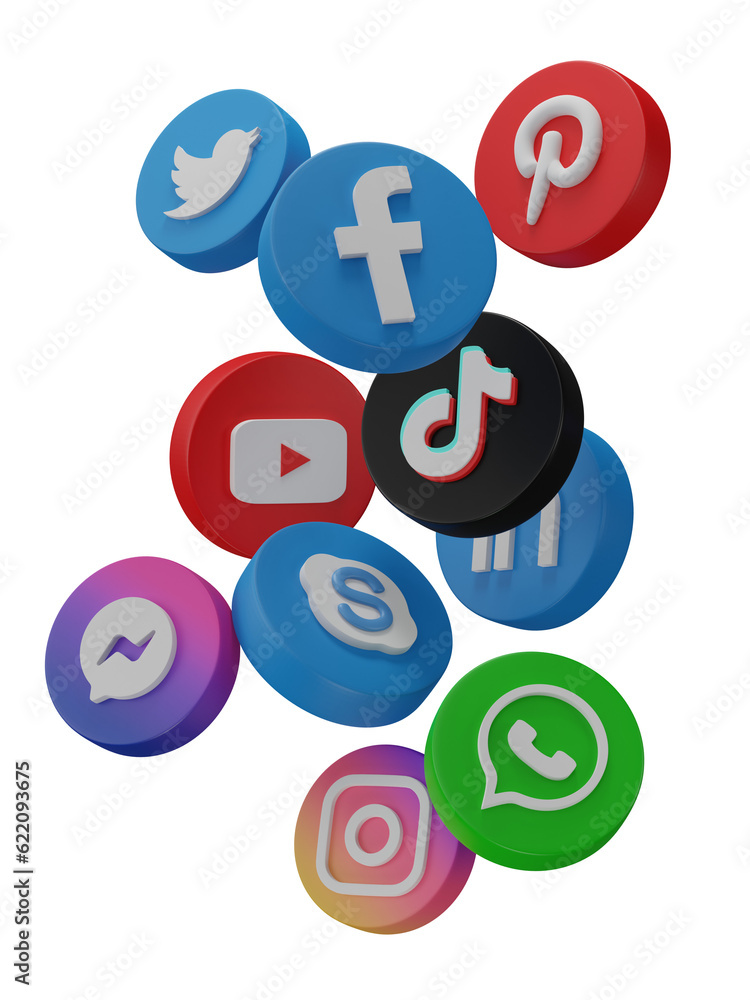 Social media icons with new notification isolated on transparent background. Instagram, Facebook ...