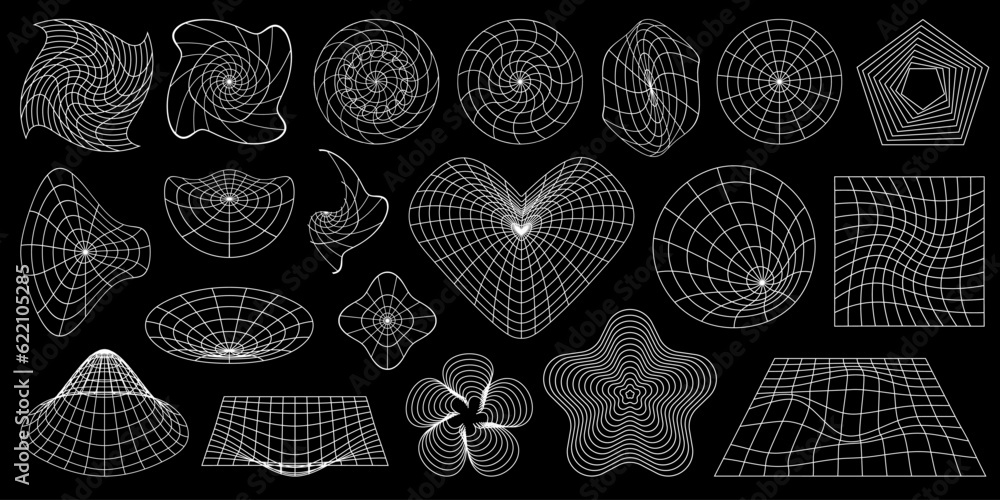 Y2K retro futuristic aesthetic set. Abstract 3D wireframe shapes ...