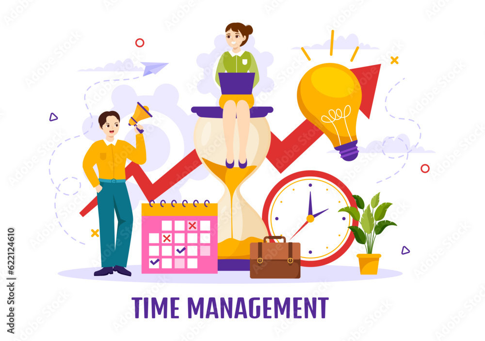 Time Management Vector Illustration with Clock Controls and Tasks ...