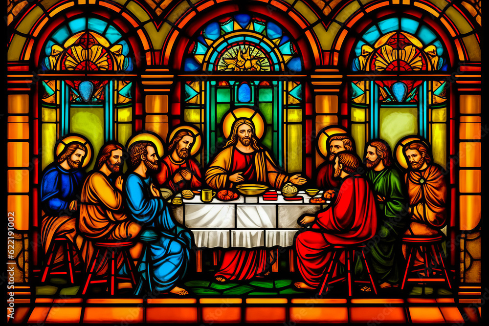 Stunning, vibrant stained-glass depiction of the Last Supper with Jesus ...