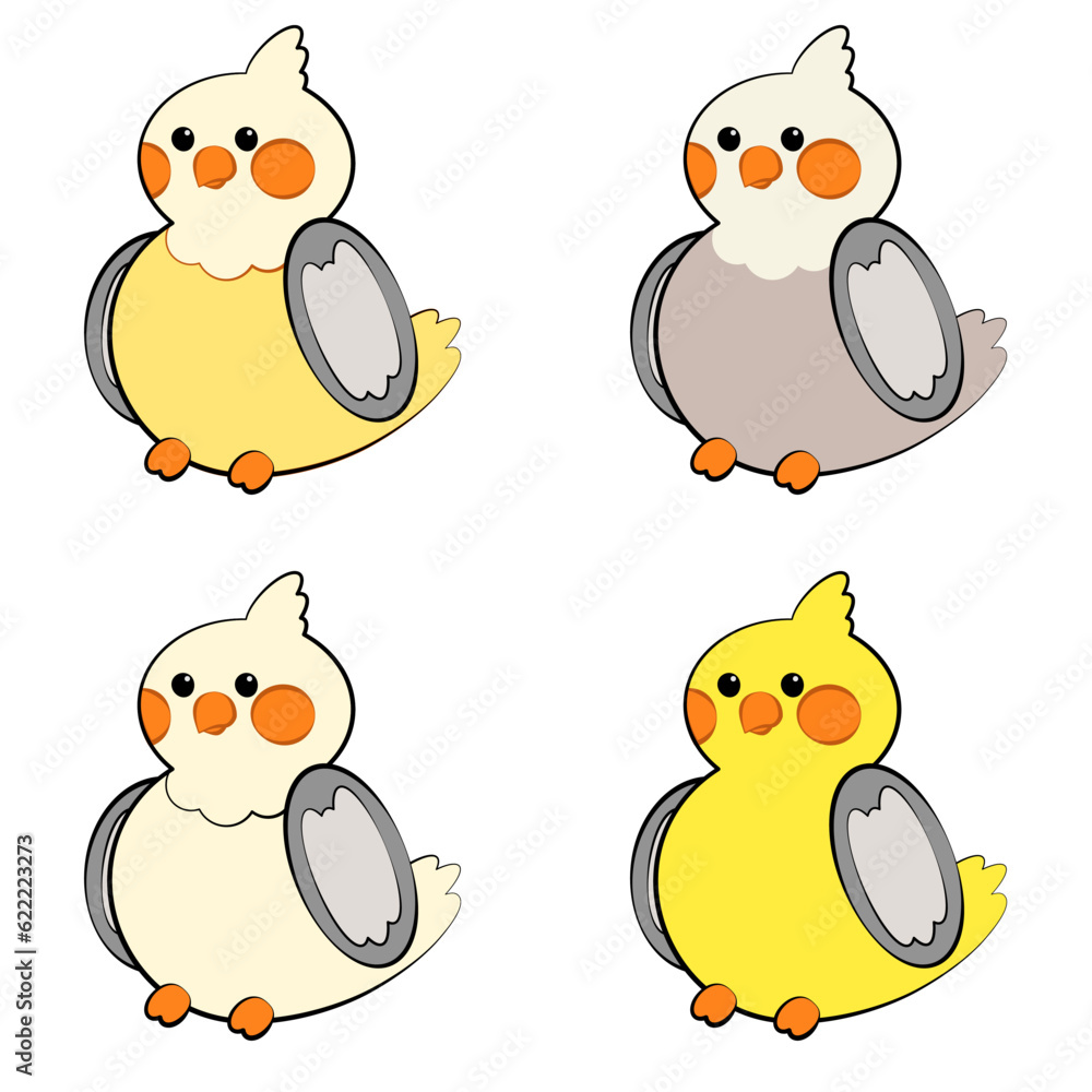 Cute cartoon cockatiel parrot vector illustration set. Various color ...