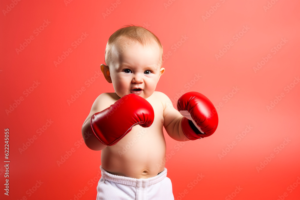 Adorable baby boy sporting red boxing gloves, set against a vivid ...