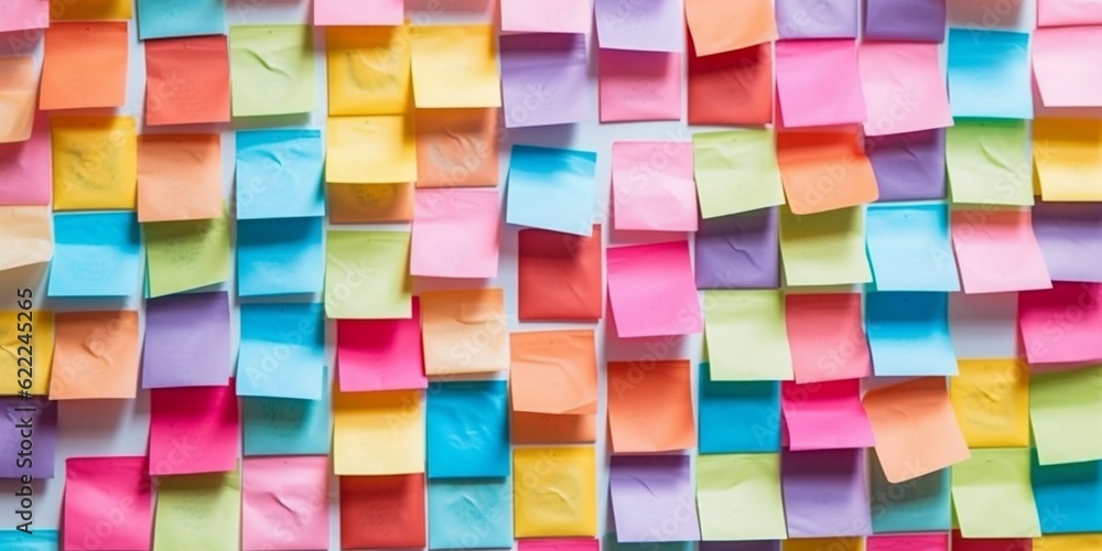 Sticky notes board in office. Many different colorful paper stickers ...