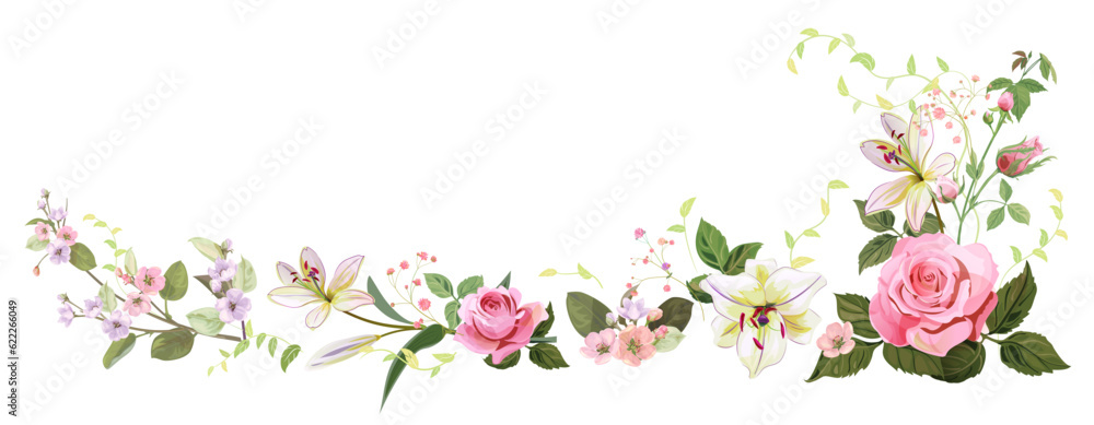 Panoramic view: bouquet of pink roses, lilies, spring blossom ...