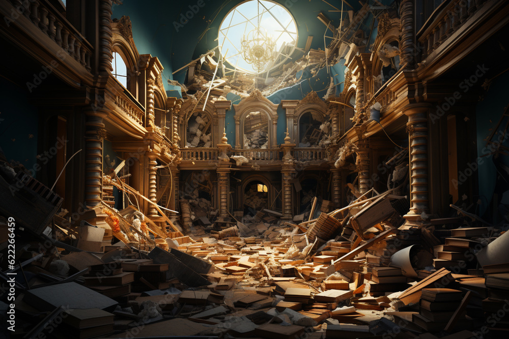 A deserted and crumbling library, with books scattered on the floor and ...