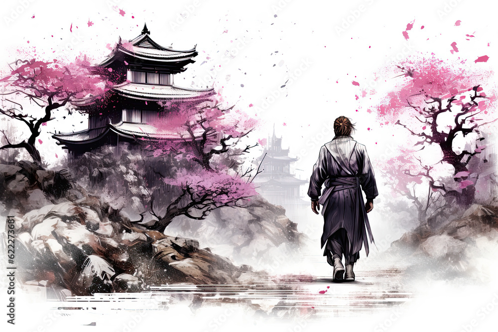 Samurai is returning home. Old traditional japanese house with sakura ...