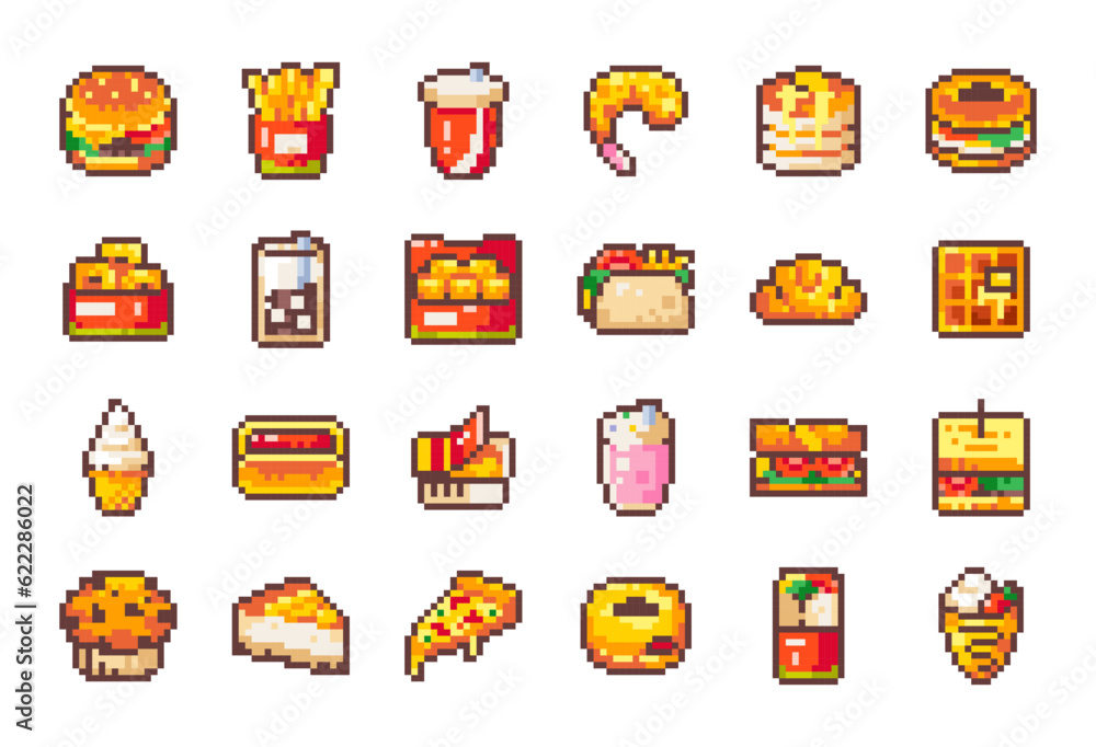 Pixel Art Fast Food Icons. 8 bit style stickers of Pixelated Fast Food ...
