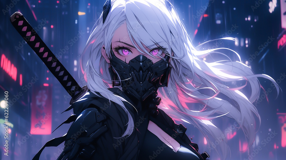 Cyberpunk anime character. Cyborg warrior ninja girl, intense look ...