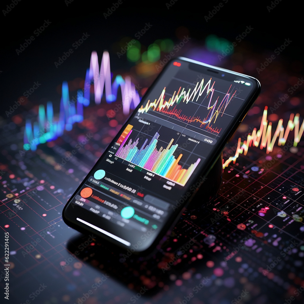 Immersive Stock Market AR: Mobile Phone Displaying Colorful Line Graphs ...