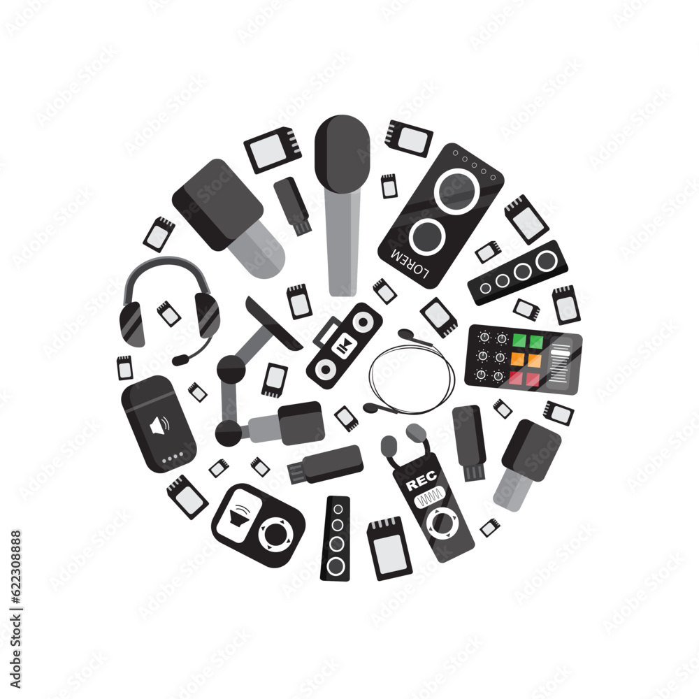 music studio tools arranged in the circle shape. microphones speakers ...