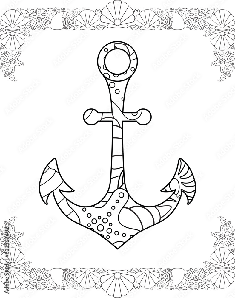 Anchor with shell borders - vector linear picture for coloring. Outline ...