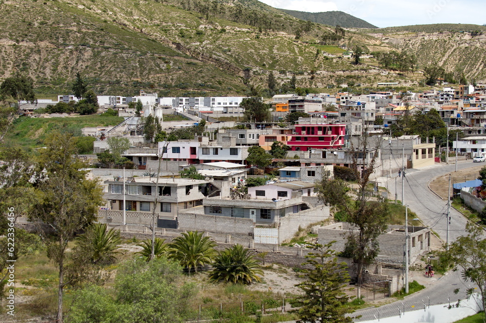 Overhead view of a Quito suburb from the equator monument at the Mitad ...