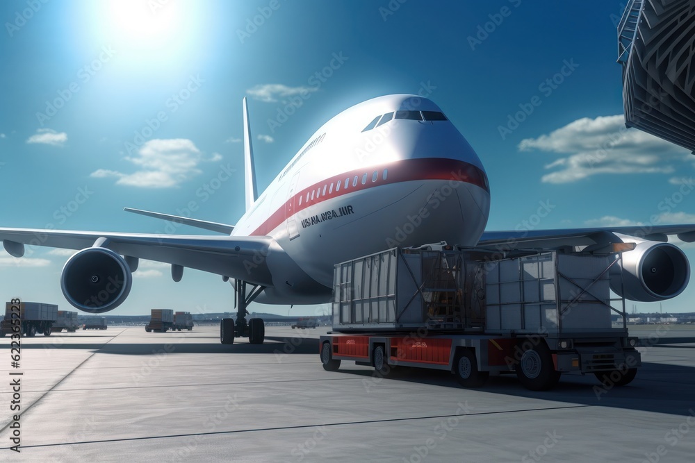Loading process of a cargo plane at the airport. A cargo trolley ...