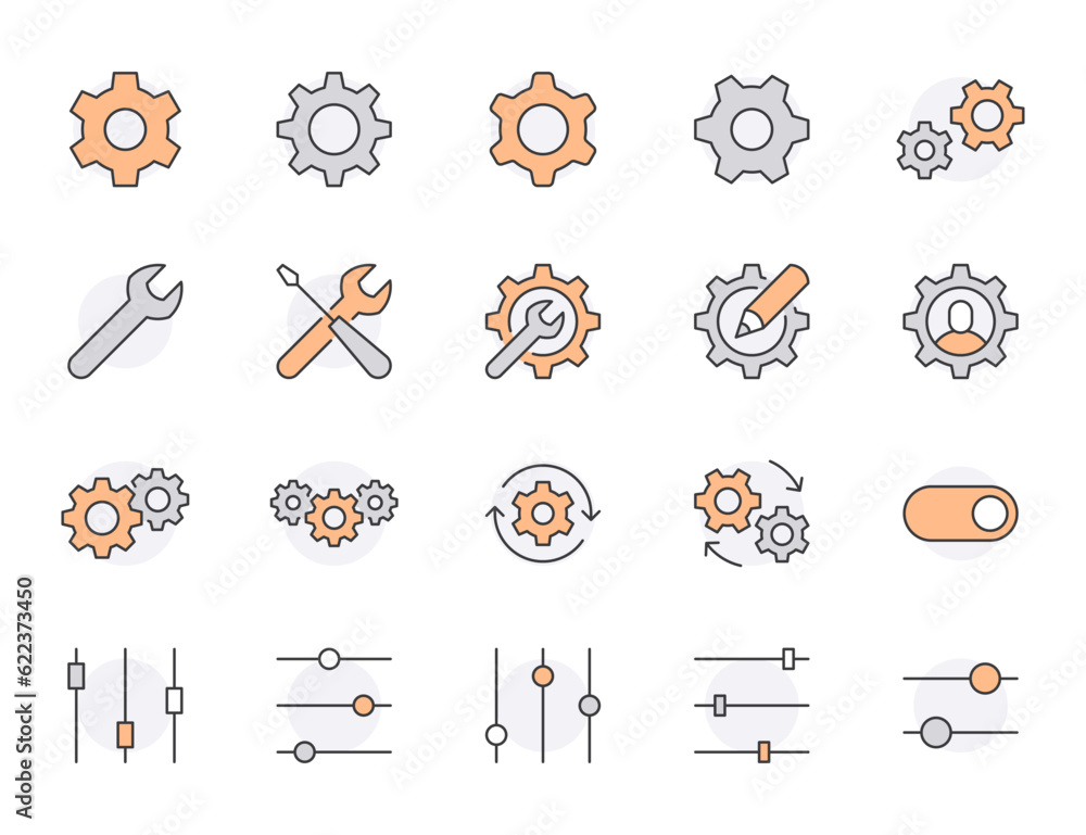 Settings flat line icons set. Cogwheell, mechanical wrench, spanner, professional, maintenance ...