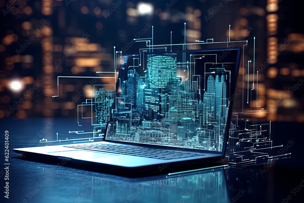 Generative AI computer screen view illustration of futuristic ...