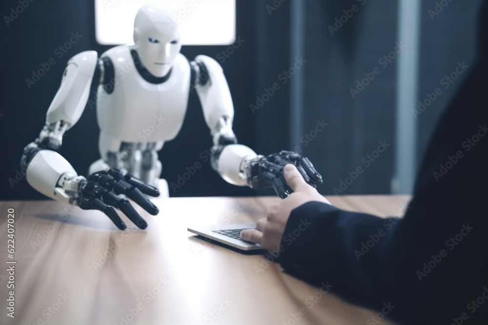 Man human sitting with robot behind the table, shaking hands, on job interview or negotiations ...