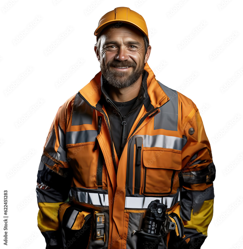 Smiling construction worker wearing uniform, cutout on transparent ...