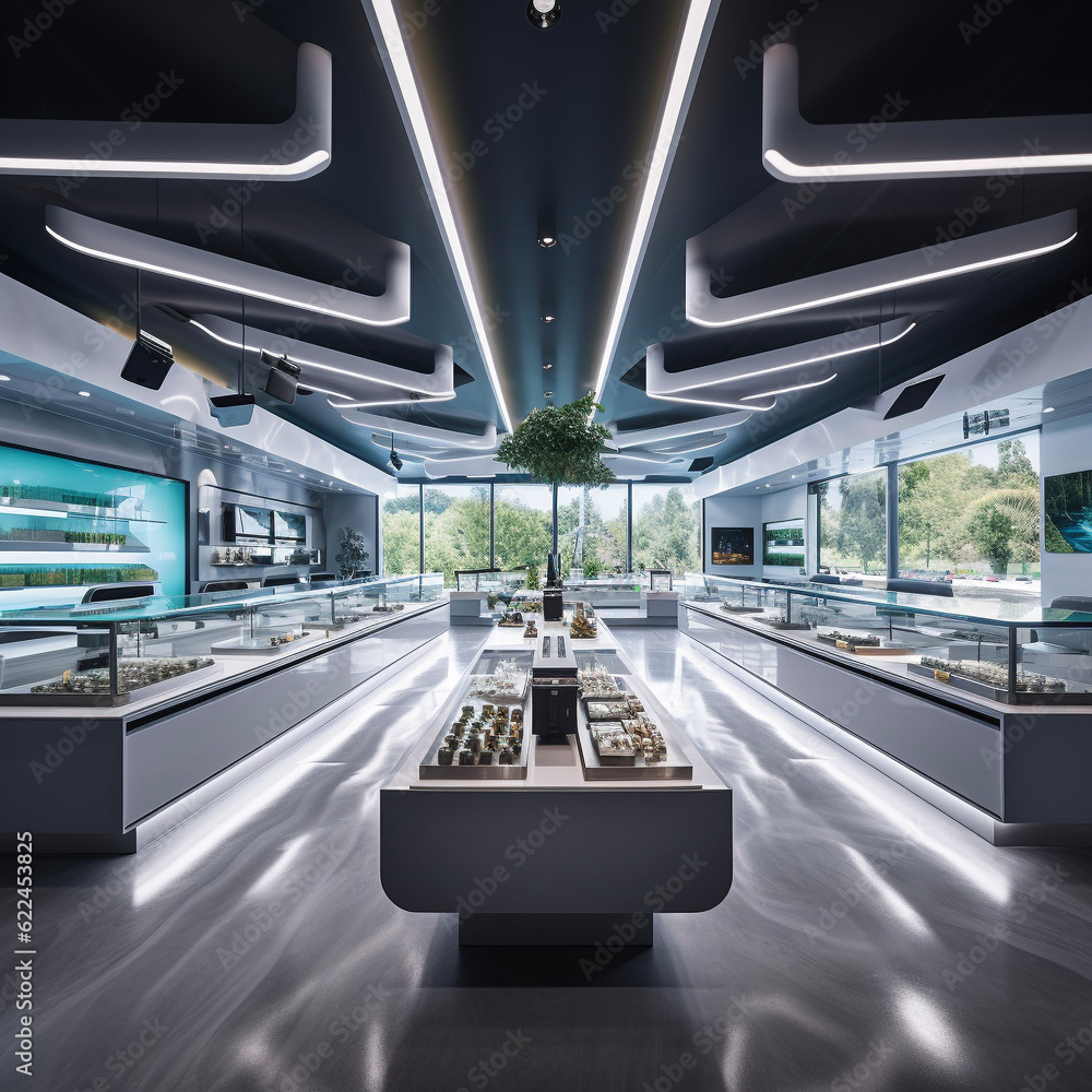 Retail interior layout with high ceilings and a modern or futuristic ...