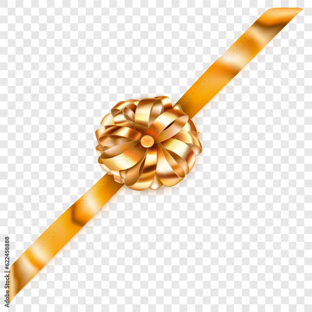 Beautiful golden shiny bow with diagonally ribbon with shadow on ...