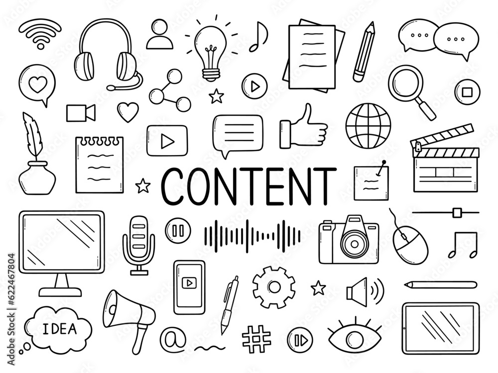 Content marketing doodle set. Digital marketing, content creator ...