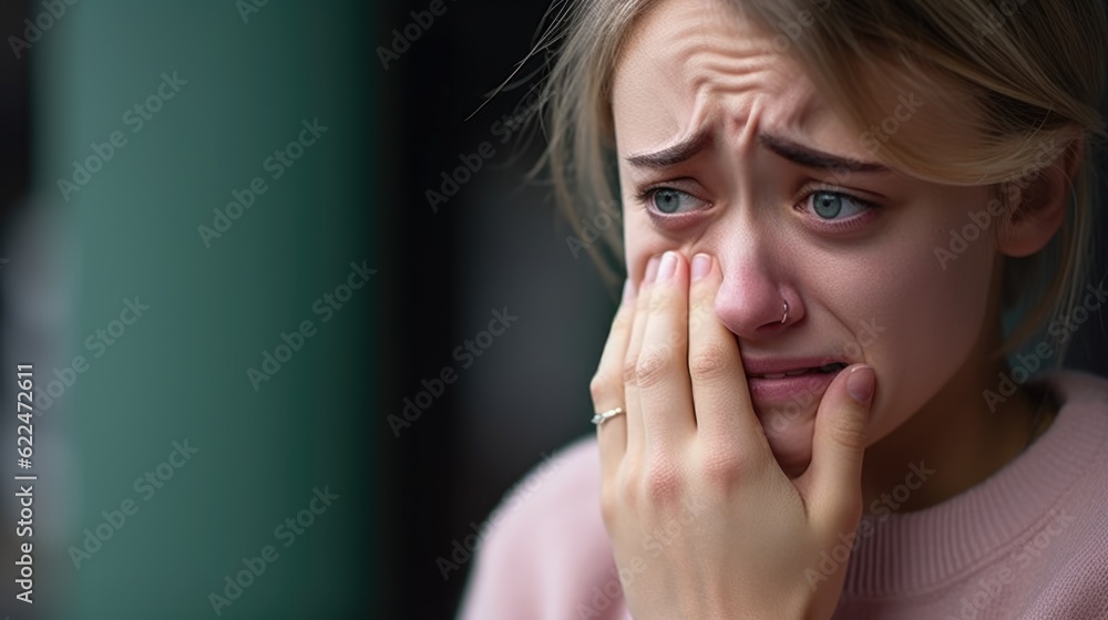 Sad depressed desperate grieving crying woman with folded hands and ...