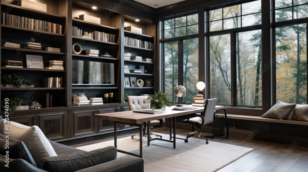 Stylish home office or library with custom built in bookshelves, comfortable seating, and ...