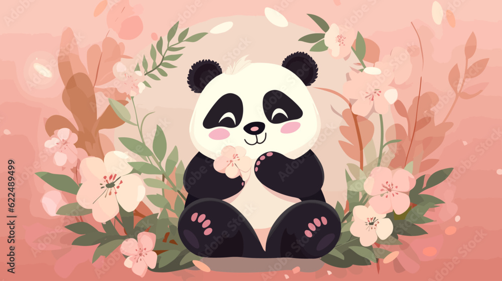 Vector illustration of cute panda and flower field. Stock Vector ...