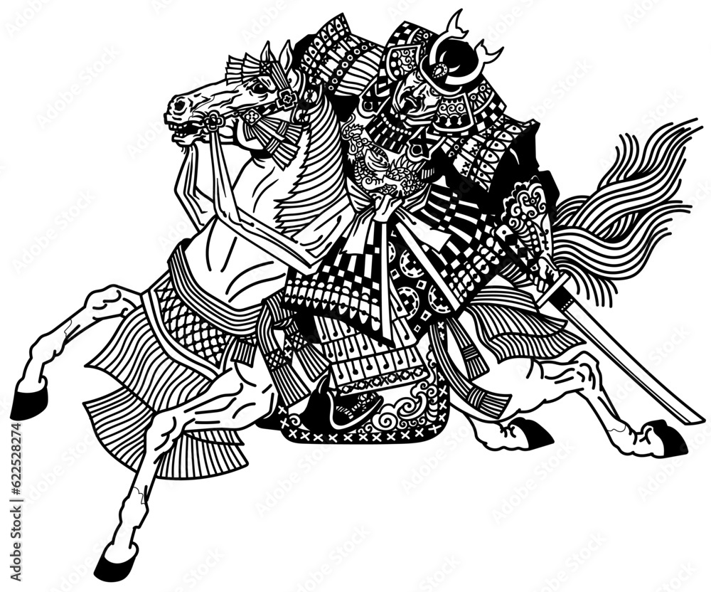 Asian cavalry warrior. Japanese Samurai horseman sitting on horseback ...