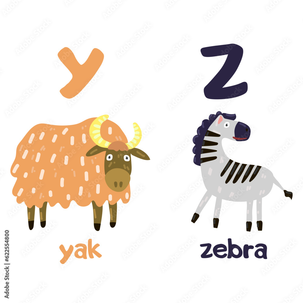 English alphabet with a set of vector illustrations of cute animals. A ...