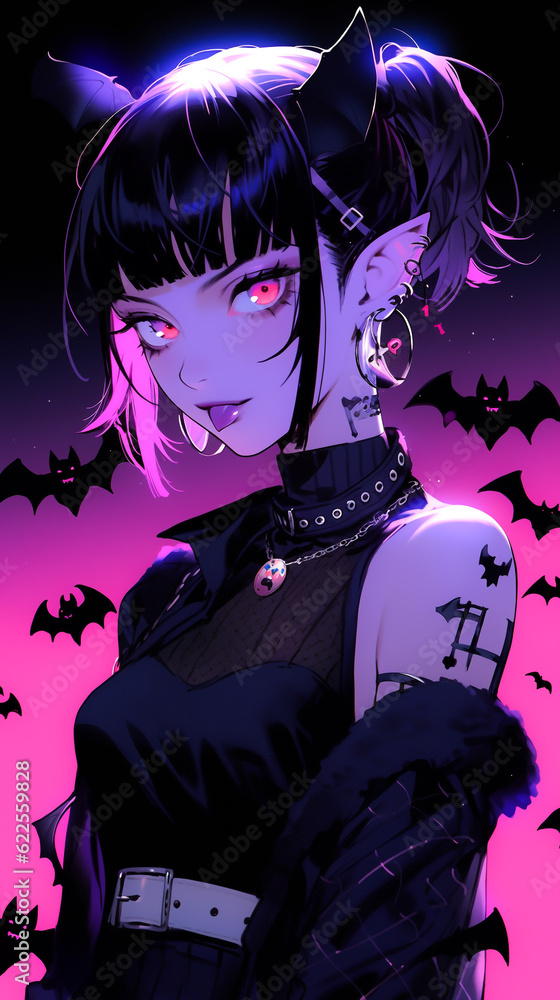 Sexy Anime Vampire Girl With A Pink And Purple Synthwave Anime Cartoon