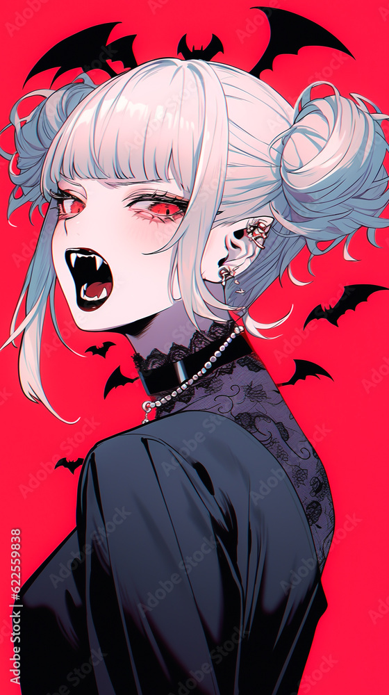 Sexy Anime Vampire Girl With A Pink And Purple Synthwave Anime Cartoon