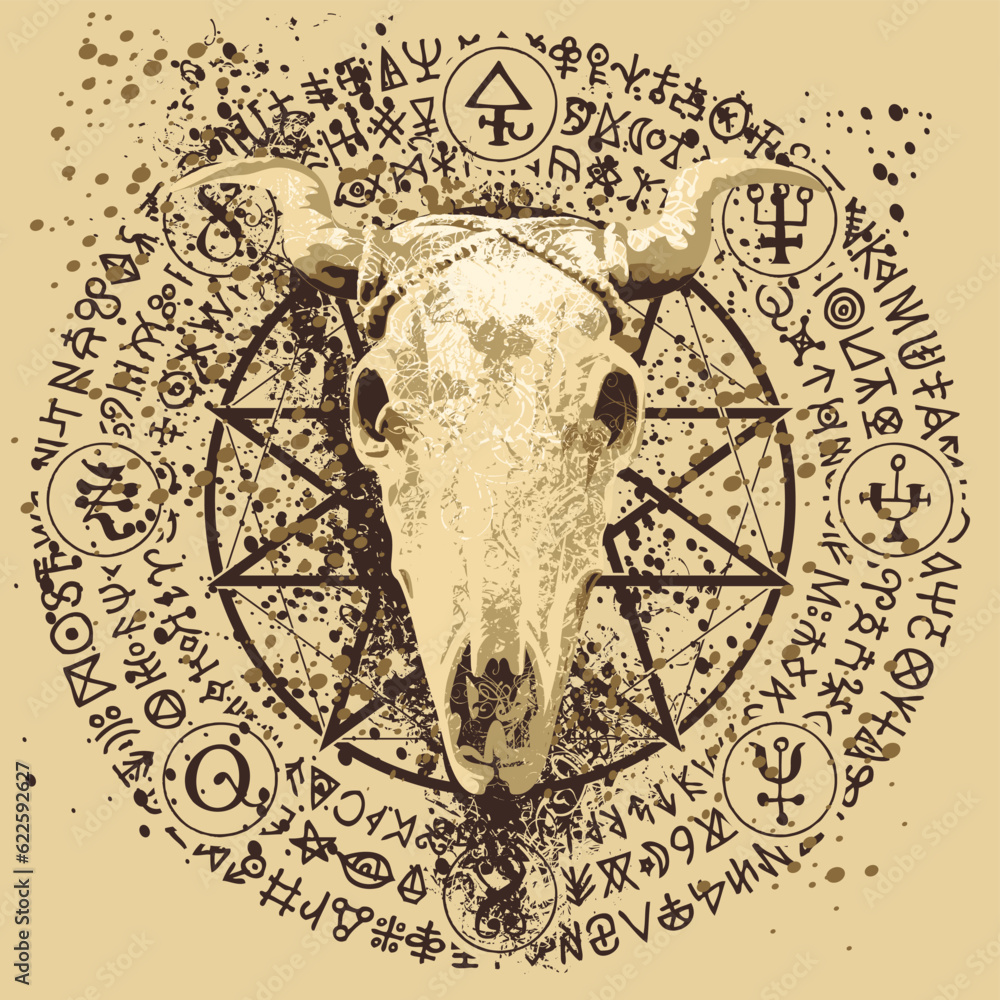 Vector illustration with a horned cow or bull skull, pentagram, occult ...