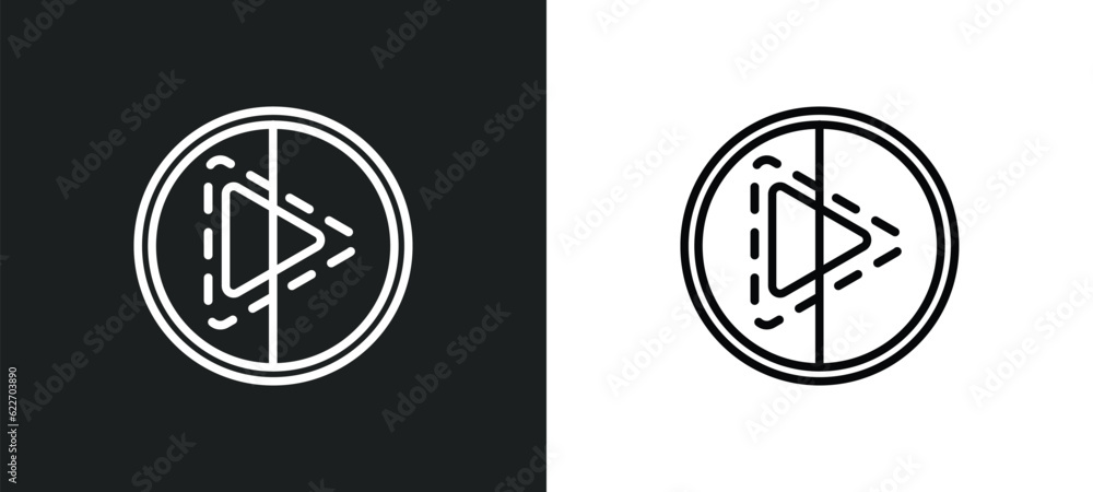 play button in broken line outline icon in white and black colors. play ...