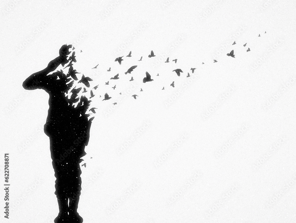 Dying soldier on war. Death and afterlife. Flying birds silhouette ...