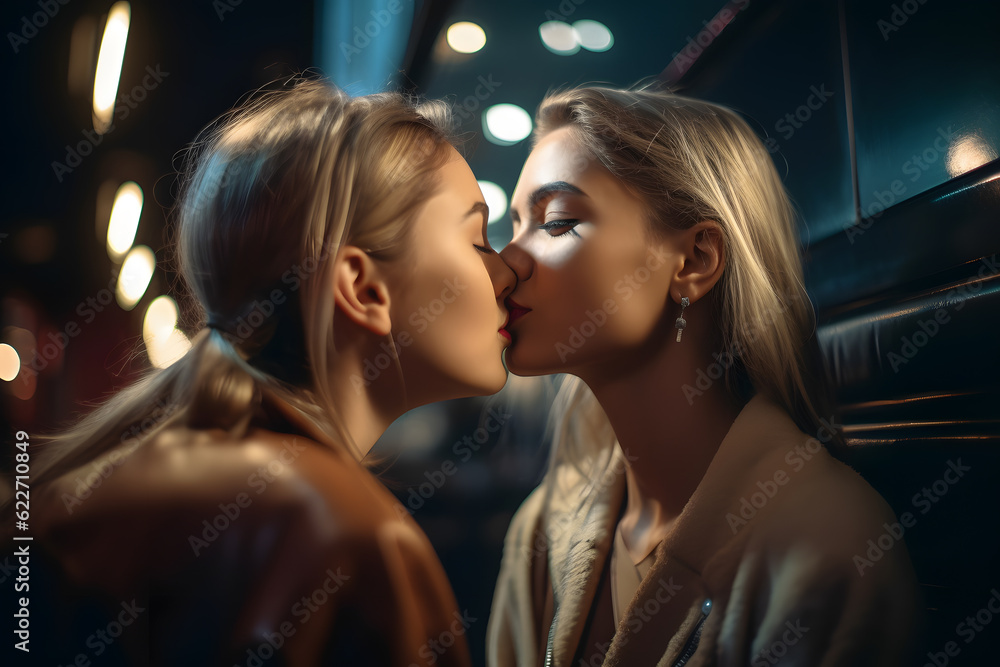 Beautiful young lesbian couple kissing passionately. Generative AI Stock Illustration | Adobe Stock