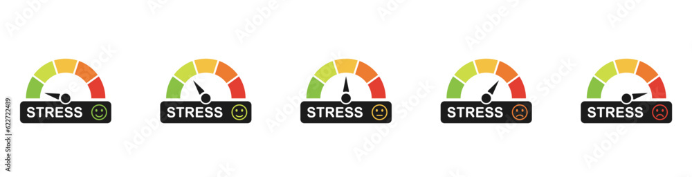 Stress level meter icon set. Emotion overload, burnout and fatigue from ...