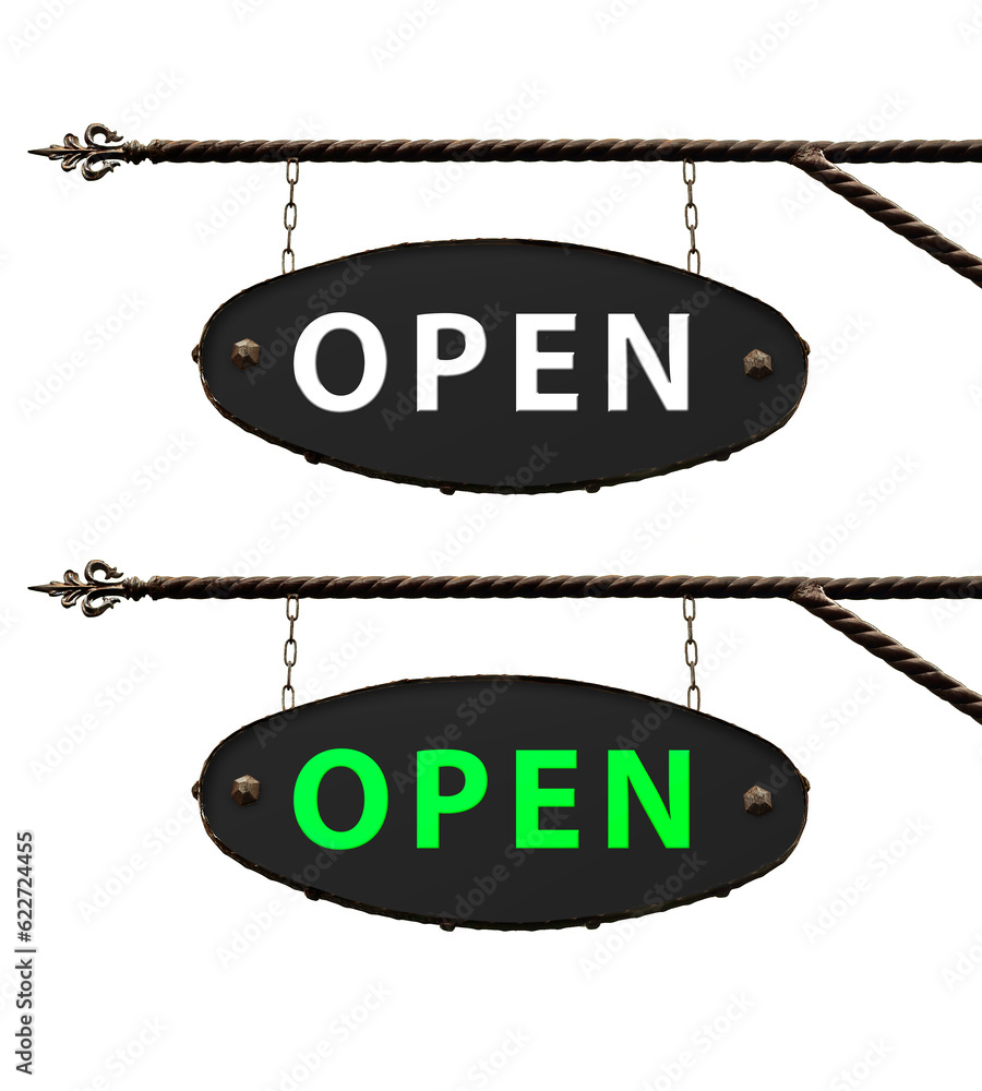 Collection of oval signs. Black oval signs that say OPEN hang on a ...