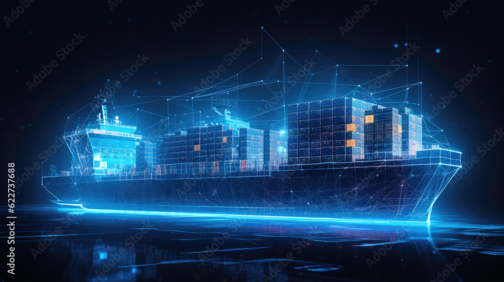 3d model of a container ship, glowing blue wireframe lines over black ...
