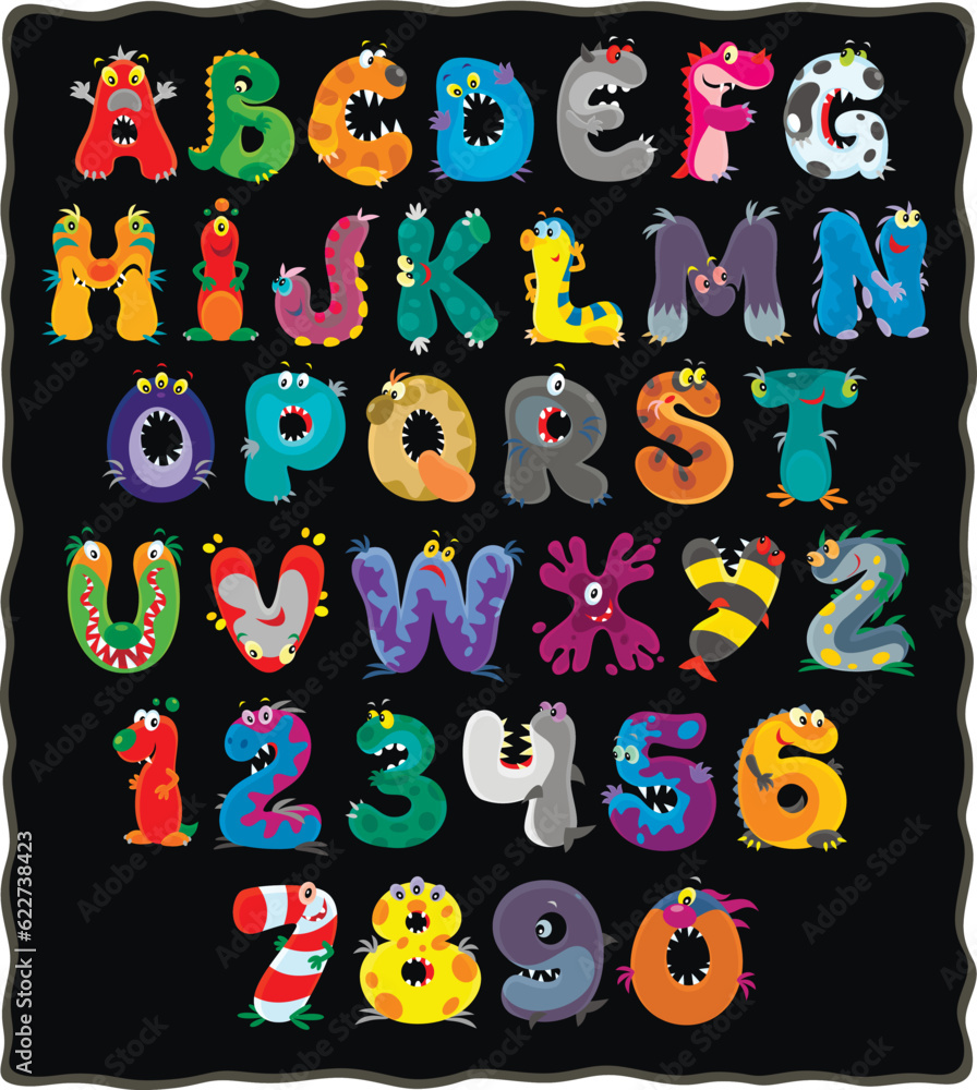Stock-Vektorgrafik „Font Monsters, English alphabet and numbers with ...
