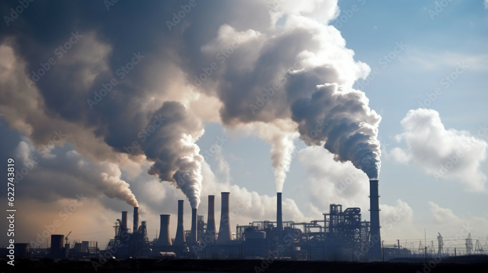 Power plant with smoking chimneys on a background of blue sky.Factories ...