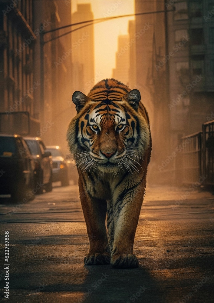 AI generated illustration of a majestic tiger walking across an urban ...