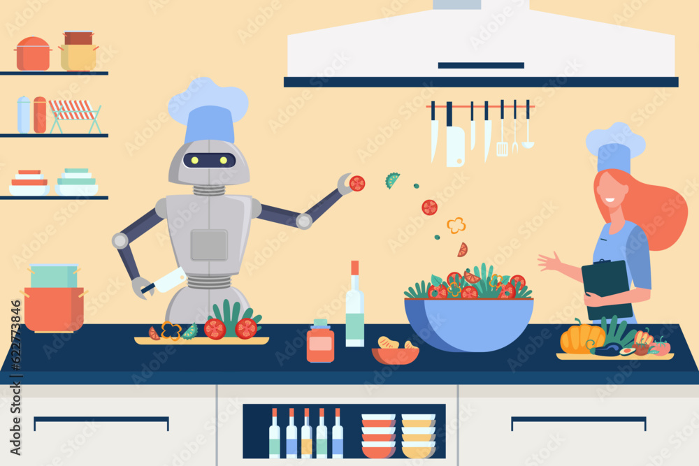 Comic robot chef cooking salad in kitchen vector illustration. Cartoon ...