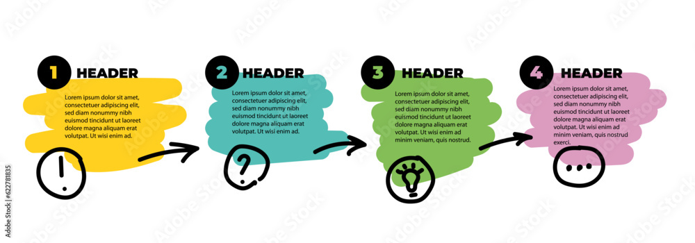 4 steps infographic with hand drawn text box, arrow, icons. Step by ...