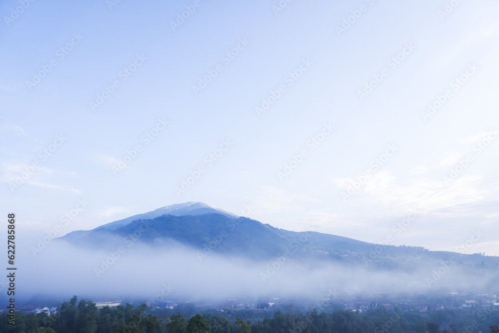 Beautiful view of Mount Merbabu mountainside in the morning with vegetable garden and village ...