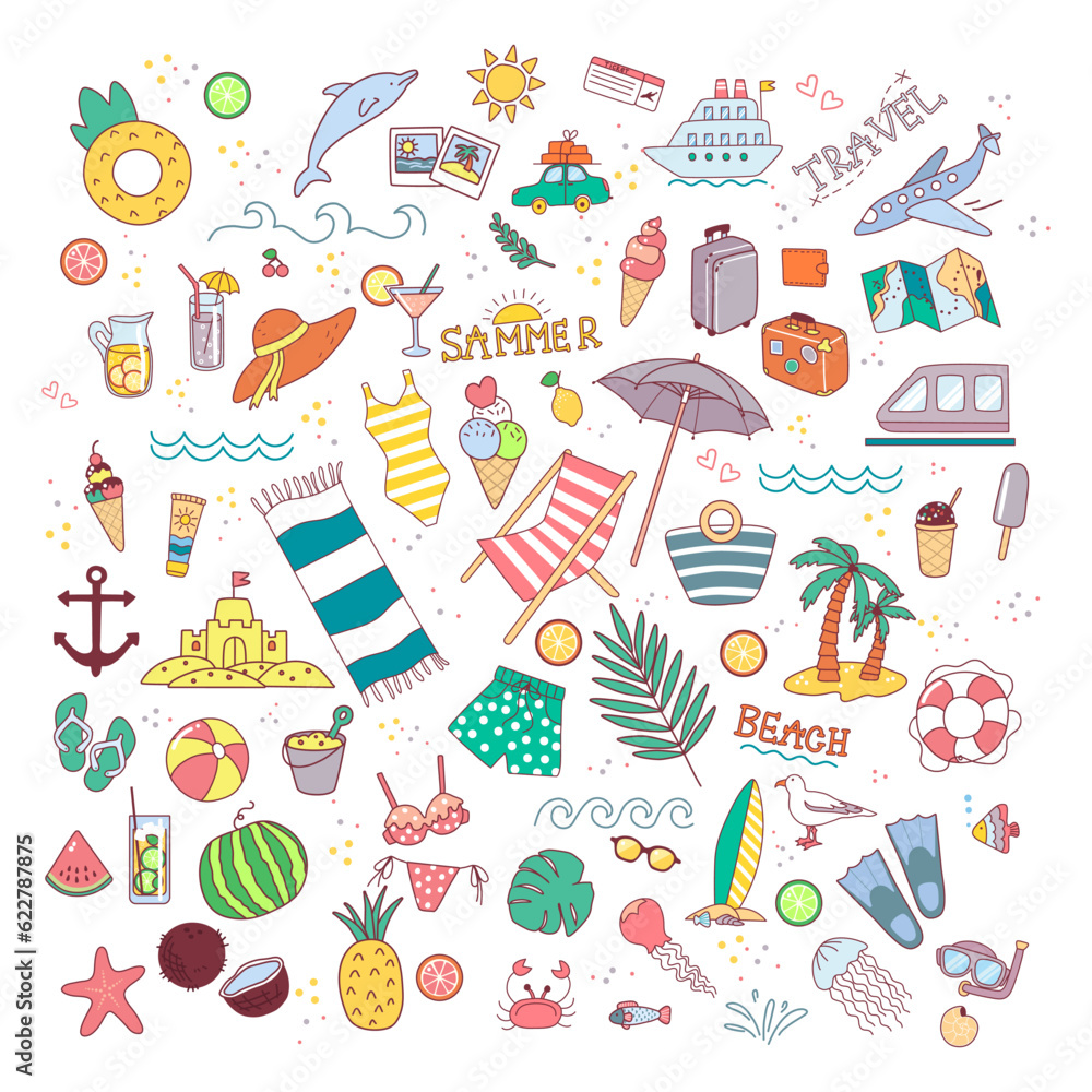 Set of summer holidays on the beach. Doodle flat clipart. All objects ...