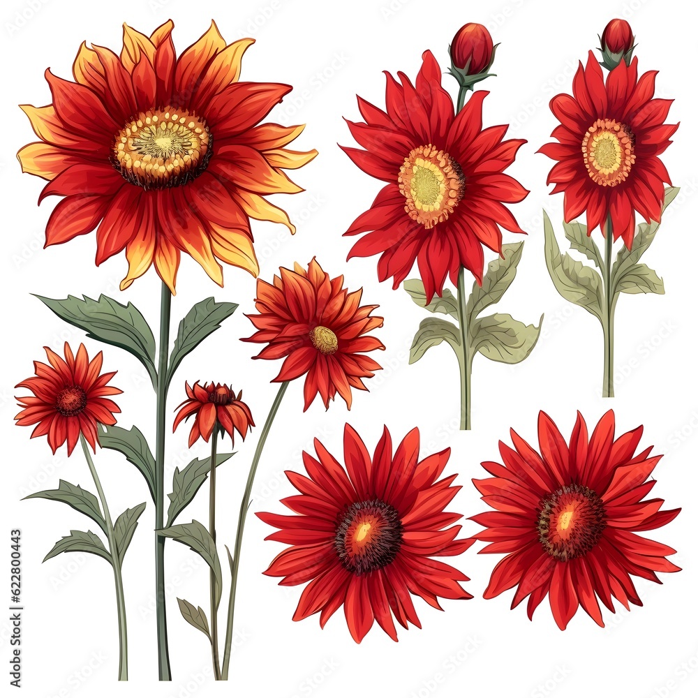 **red sunflower asphodel arrangement clipart set, Hand drawn art ...